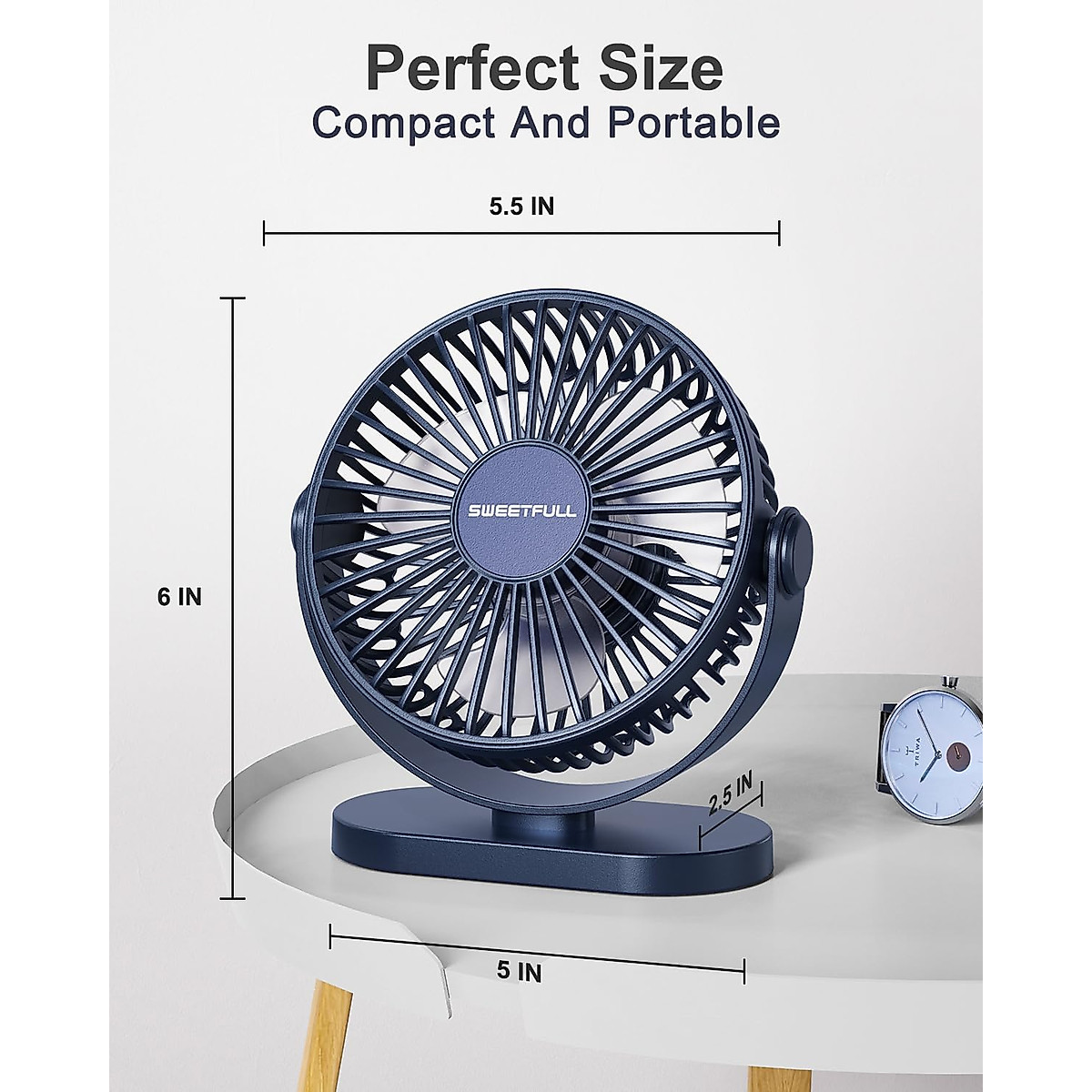 SWEETFULL USB Desk Fan Small Quiet - 3 Speeds Mini Personal Portable Fan 360° Rotation Adjustable, 5 Inch Office Table Cooling Gadgets on Desktop (Blue)