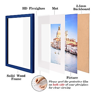 wyooxoo 11x14 Picture Frame Dark blue Solid Wood Photo Frames Display Pictures 8x10 with Mat or 11x14 Without Mat Colorful Frame For Tabletop Display or Wall