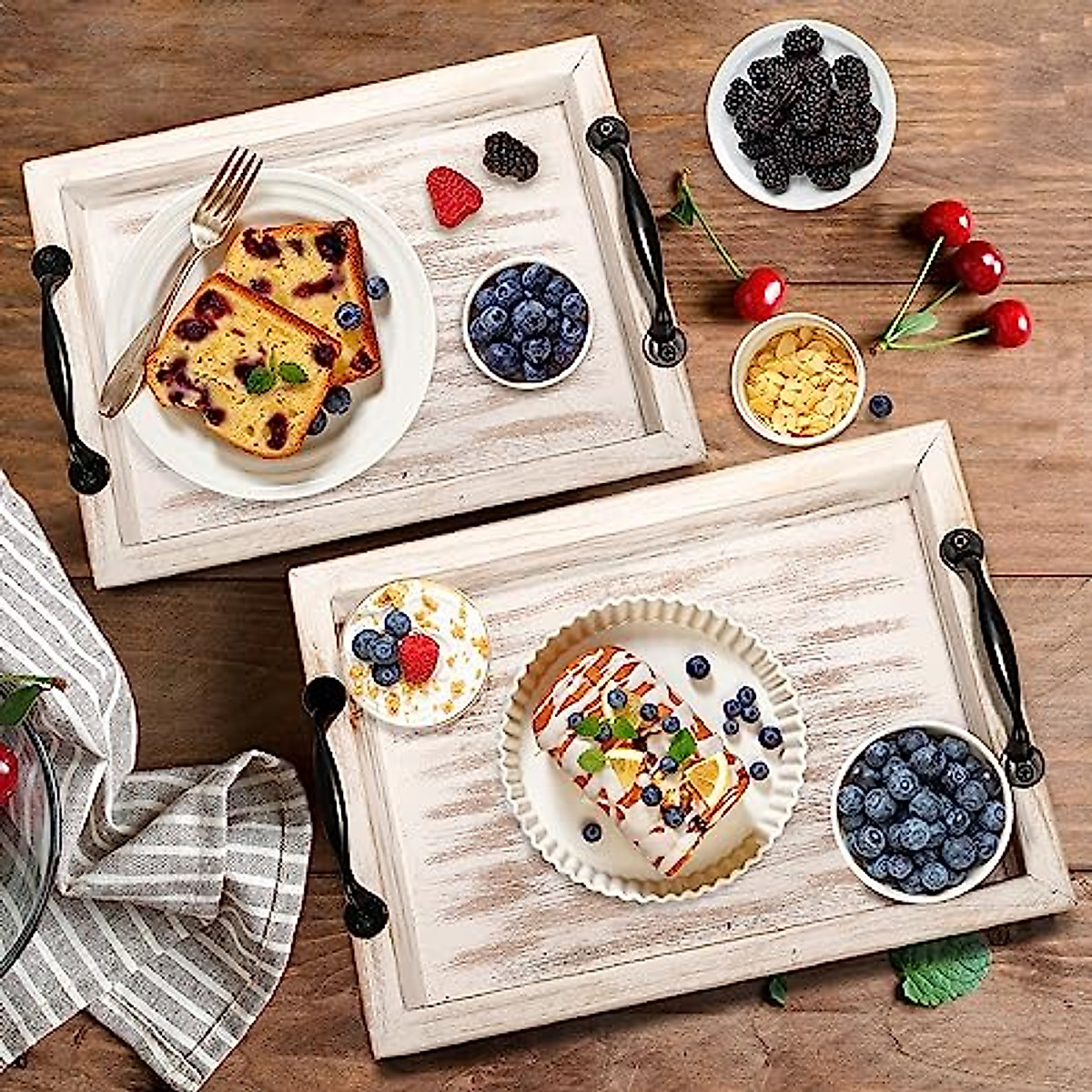 Set of 2 Rustic Farmhouse Wooden Serving Tray with Handles, Nesting White Decorative Trays for Coffee Table Ottoman Kitchen Bed Dining Table Centerpiece Rectangular Tray for Food Fruits Coffee Candles