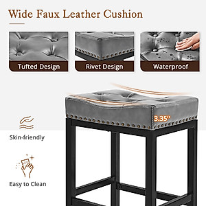 LUE BONA Bar stools Set of 2, 24 Inch Saddle Square Counter Height Bar Stools for Kitchen Island, Modern Backless Faux Leather Counter Stools with Black Metal Legs for Bar, Bistro, Dark Gray