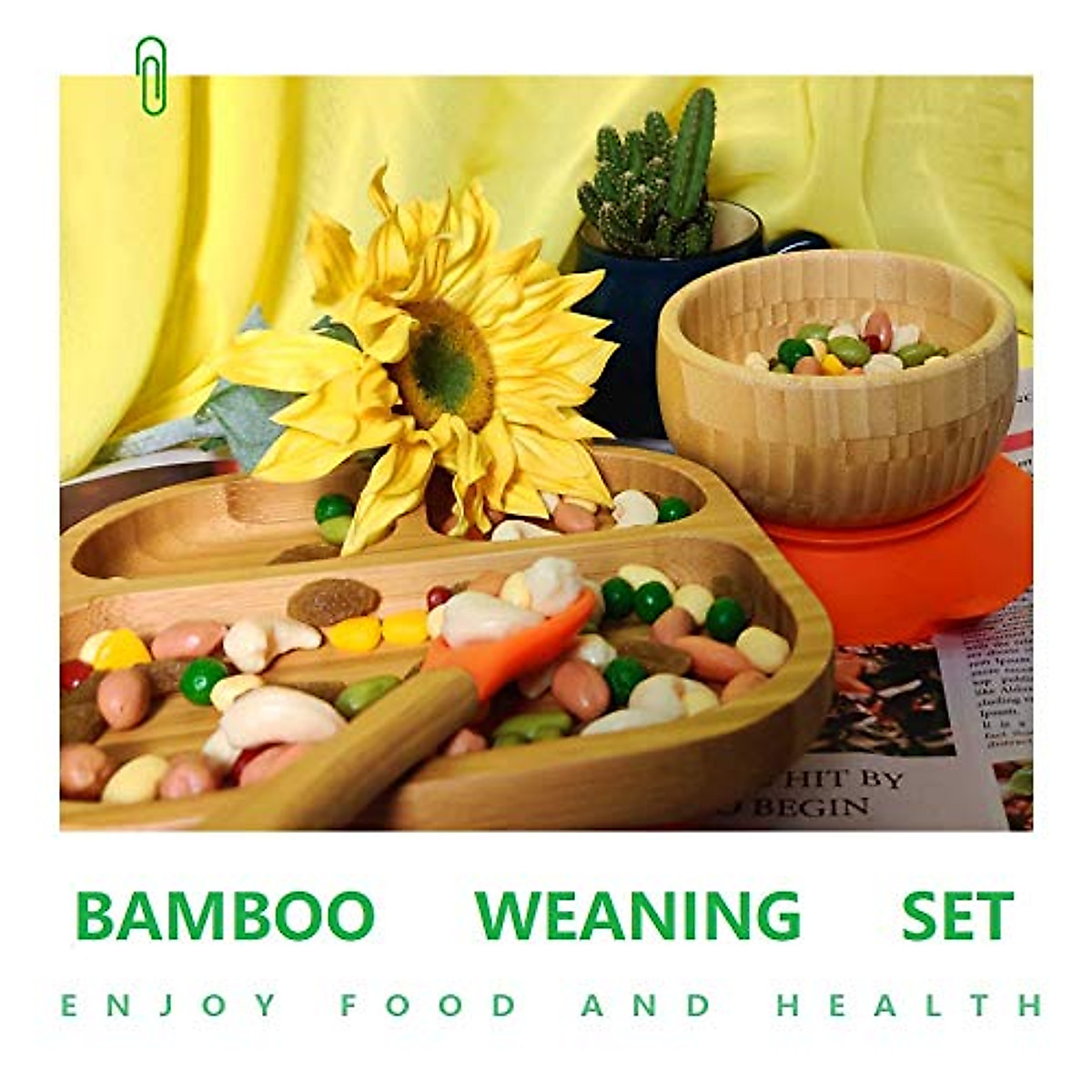 Baby Toddler Stay Put Dish, Kids Suction Plate & Bowl, Bamboo Cute Dinnerware (Grey Set)