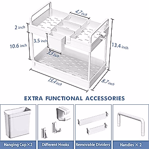 SOLEJAZZ Under Sink Organizers and Storage Multi-Purpose, 2 Tier Under Bathroom Cabinet Storage with Dividers, Hooks, Cup for Bathroom, Kitchen, White