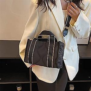 AZURAOKEY Puffer Tote Bag for Women, Fashion Crossbody Bags Cotton Padded Shoulder Crossbody Bag Quilted Hit Color Portable Zipper Autumn Winter Purse for Office Travel-Black