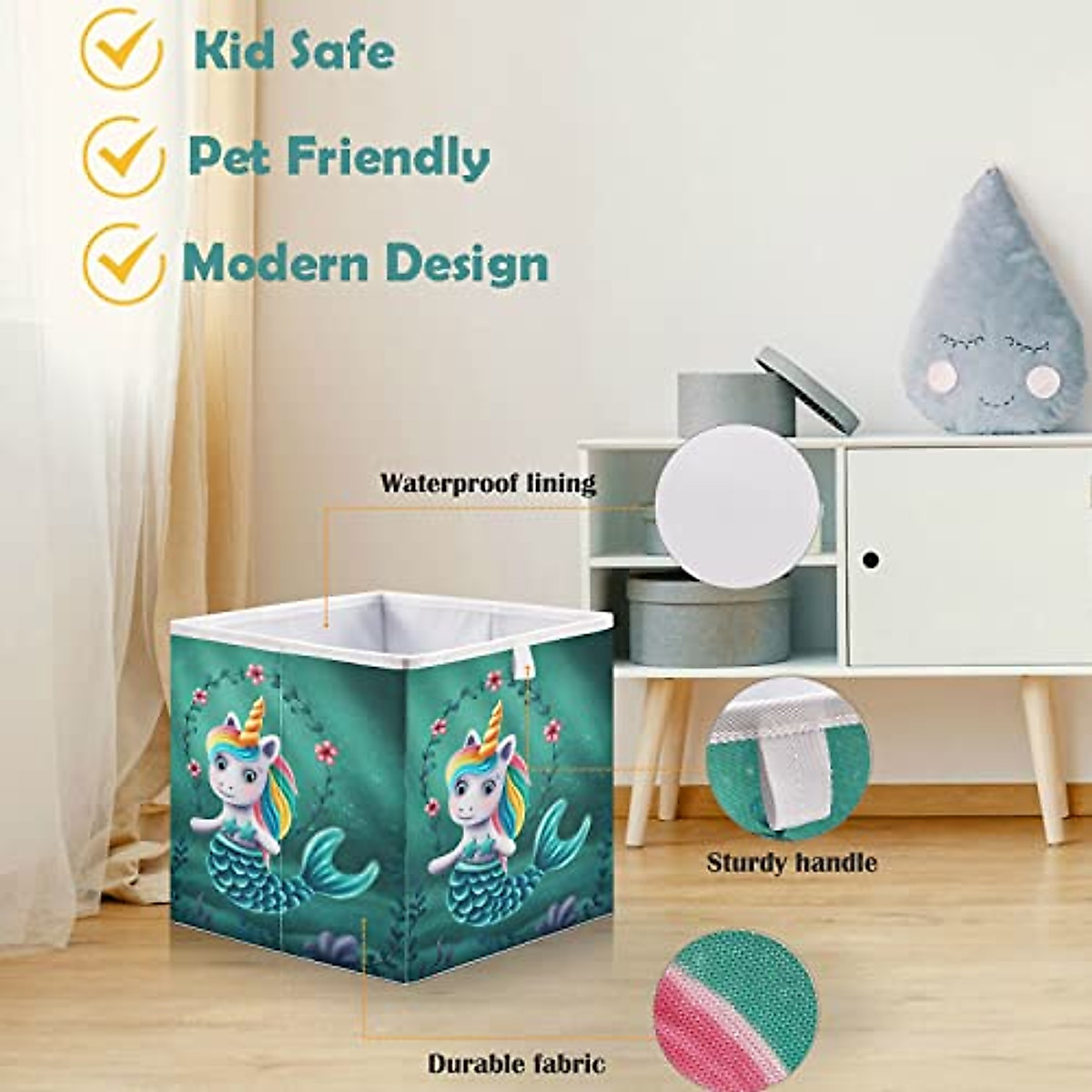 visesunny Closet Baskets Little Mermaid Unicorn2 Storage Bins Fabric Baskets for Organizing Shelves Foldable Storage Cube Bins for Clothes, Toys, Baby Toiletry, Office Supply