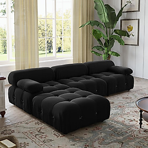 WJShome Modular Sectional Couch with Ottoman, 103.95 inch Convertible Sofa with Reversible Chaise, Velvet L Shaped Minimalist Couch for Living Room, Modern Large Free Combination Sofa, Black
