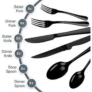 Tribal Cooking 49 Piece Silverware Set - Service for 8 - Stainless Steel Flatware serving set - Cutlery Set - Knives, Fork, and Spoon - Dishwasher Safe - Stunning Polished Finish - Black