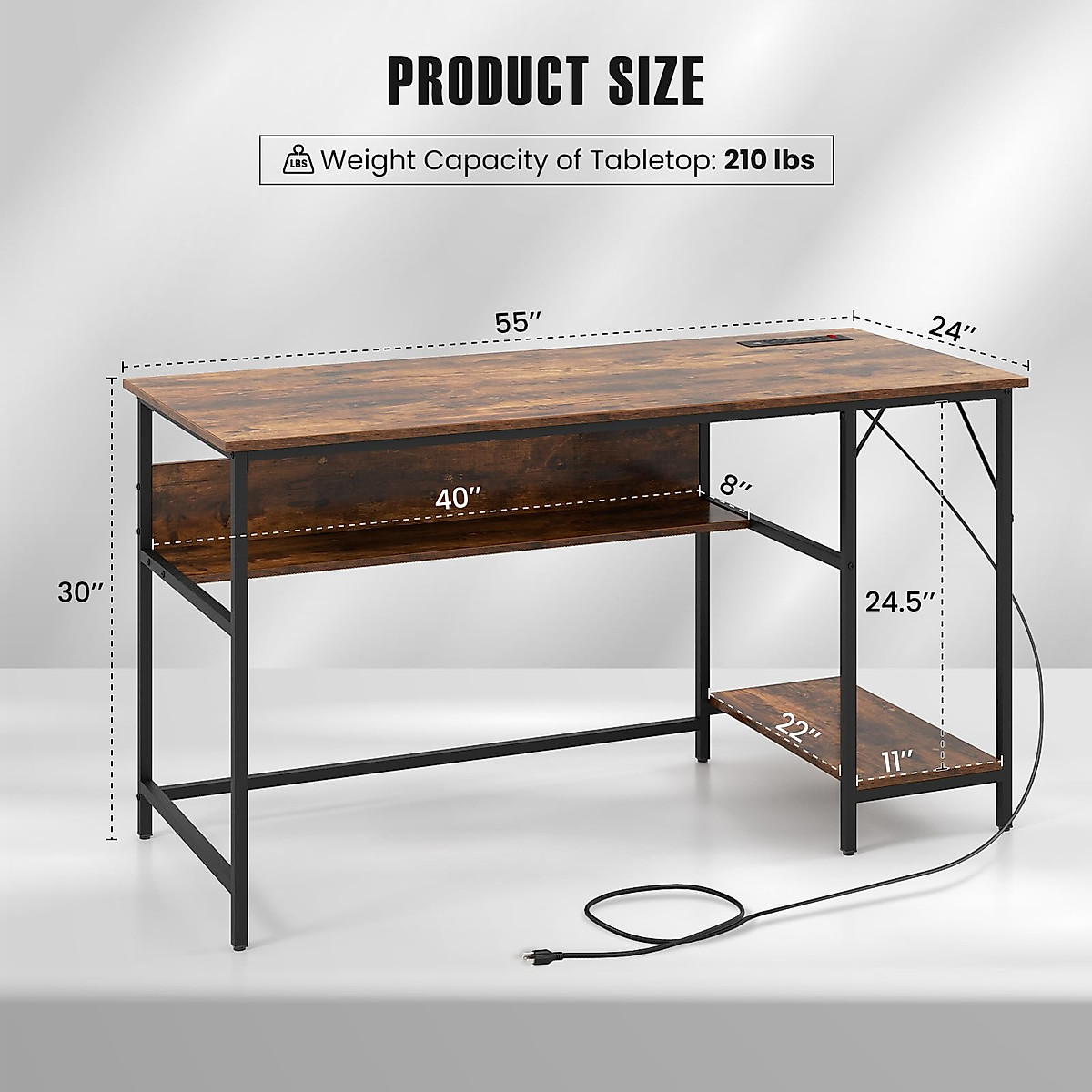 Tangkula 55 Inch Computer Desk with 4 Power Outlets & 2 USB Ports, Home Office Desk with Built in Charging Station with Switch, Computer Workstation Writing Study Desk with Storage Shelf & CPU Stand