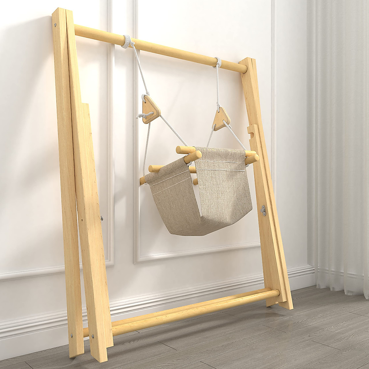 Ogears Foldable Wooden Toddler Indoor Swing Set for Baby for Ages 6 Months to 3 Years，Montessori and Waldorf Style Self Standing Indoor Swingset Home, Child Day Care, Preschool