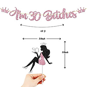 I'm 30 Bitches Banner Set, Sexy Girl Dirty 30 Cake Topper, Pink Glitter Happy 30th Birthday Cake Topper & Banner Party Decoration, 2Pcs