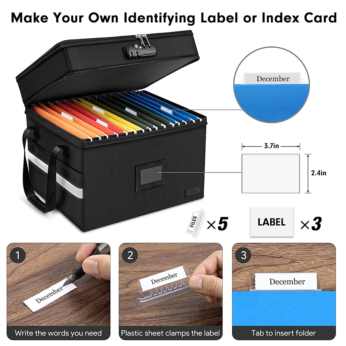 Fireproof Document Box with Lock, ETRONIK 2 Layer File Box Organizer with 5 Tab Inserts, Portable Office Collapsible File Storage with Reflective Strip for Hanging Letter/Legal Size Folder/Certificate