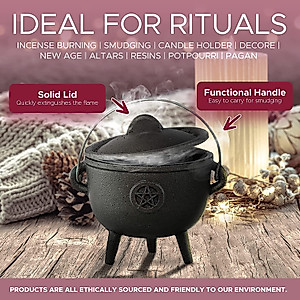 Mini Cauldron Cast Iron with Lid - Witchcraft Altar Supplies, Wicca Herbs Incense Burner, Suitable for Larger Potions
