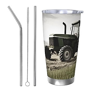 Tractor Agriculture Tranquil Tumbler with Lid and Straw 20oz Stainless Steel Car Cup for Hot and Cold Drinks, Double Wall Insulated Travel Coffee Mug Reusable Drink Thermos Cup Birthday Gifts