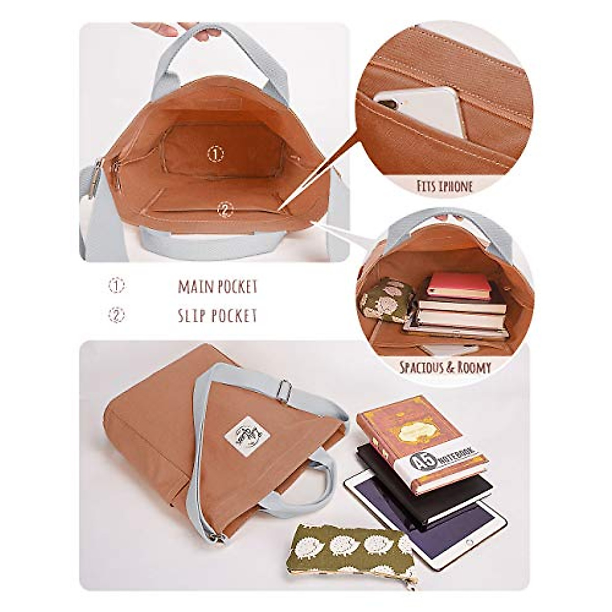 Lily queen Women Canvas Tote Handbags Casual Shoulder Work Bag Crossbody (Brown Sugar)