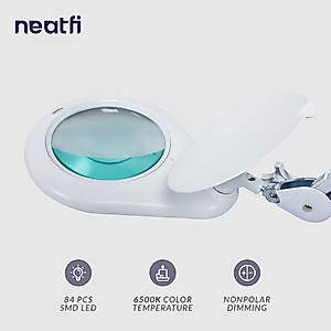 Neatfi Elite XL HD Bifocals Super LED Magnifying Lamp with Clamp, Glass Lens, 6000-7000K, Glare-Free, Nonpolar Dimming (7 Inches, White)