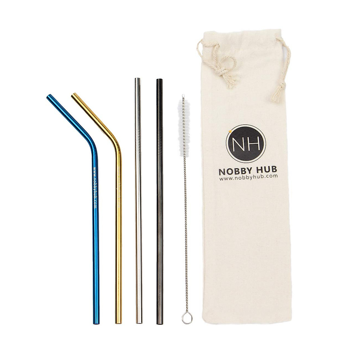 Reusable Stainless Steel Drinking Straws, Set of 4, 2 bent, 2 straight, all different colored, in Cloth Bag, and Free Cleaning brush, Help save the environment