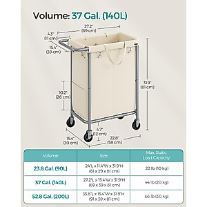 SONGMICS Laundry Basket with Wheels, 2-Section Rolling Laundry Hamper, 37 Gallons (140L), Removable Liner, Steel Frame with Handle, Blanket Storage, 27.2 x 15.4 x 31.9 Inches, Cream White URLS004W01
