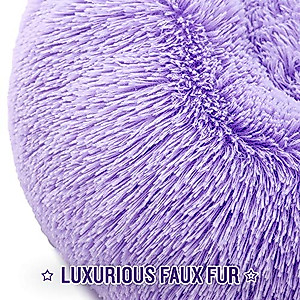 Luciphia Round Dog Cat Bed Donut Cuddler, Faux Fur Plush Pet Cushion for Large Medium Small Dogs, Self-Warming and Cozy for Improved Sleep Purple, Small (20" x20")