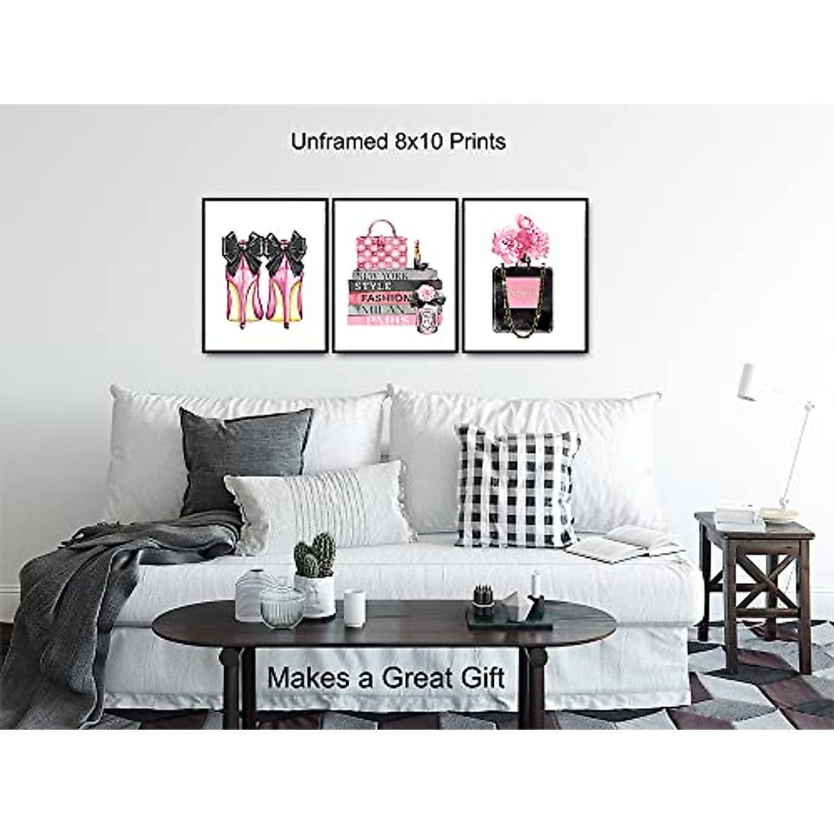 Glam Designer Perfume, Shoes, Handbags Wall Decor - Cute Gift for Fashionista - High Fashion Luxury Couture Wall Art Poster Set for Women, Teens, Girls Bedroom