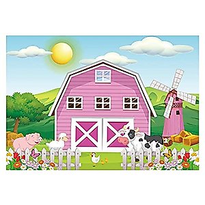 Funnytree 7x5ft Cartoon Farm Animals Party Backdrop Pink Barn Girl Baby Shower Birthday Photography Background Cow Grass Rustic Barnyard Scenic Banner Cake Table Decoration Photo Booth Props