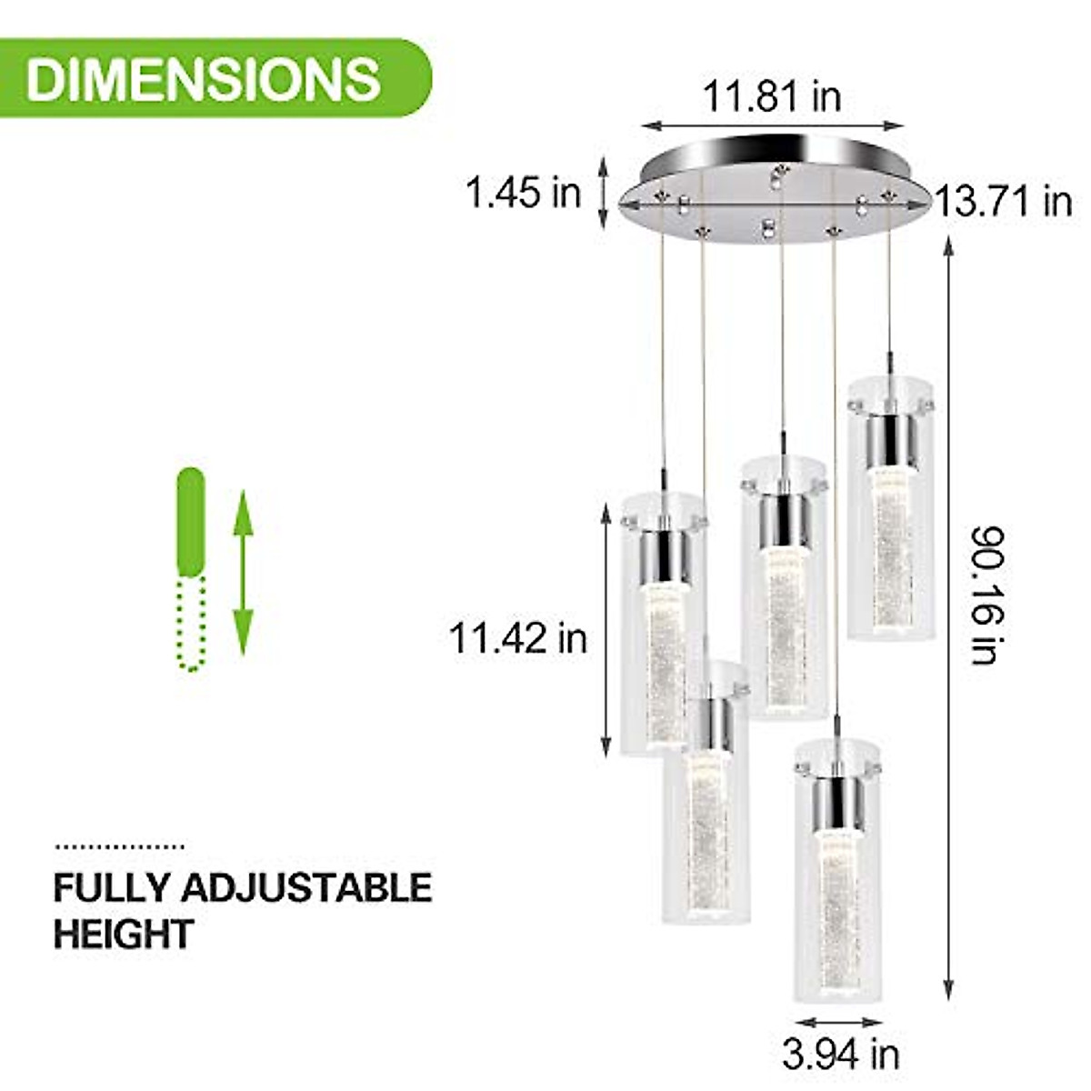 Hykolity 5-Light Pendant Ceiling Fixture, Integrated LED Kitchen Lighting, 30W (180 Watt Equivalent) CRI 90+, 2250lm Premium Bubble Glass with Chromed Finished ETL Listed