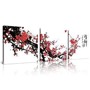 NAN Wind Small Size Traditional Chinese Painting of Red Plum Blossom Canvas Prints 3 Pcs Calligraphy Art Paintings Wall Art Poem Print Painting Framed 12x12inches 3pcs/set