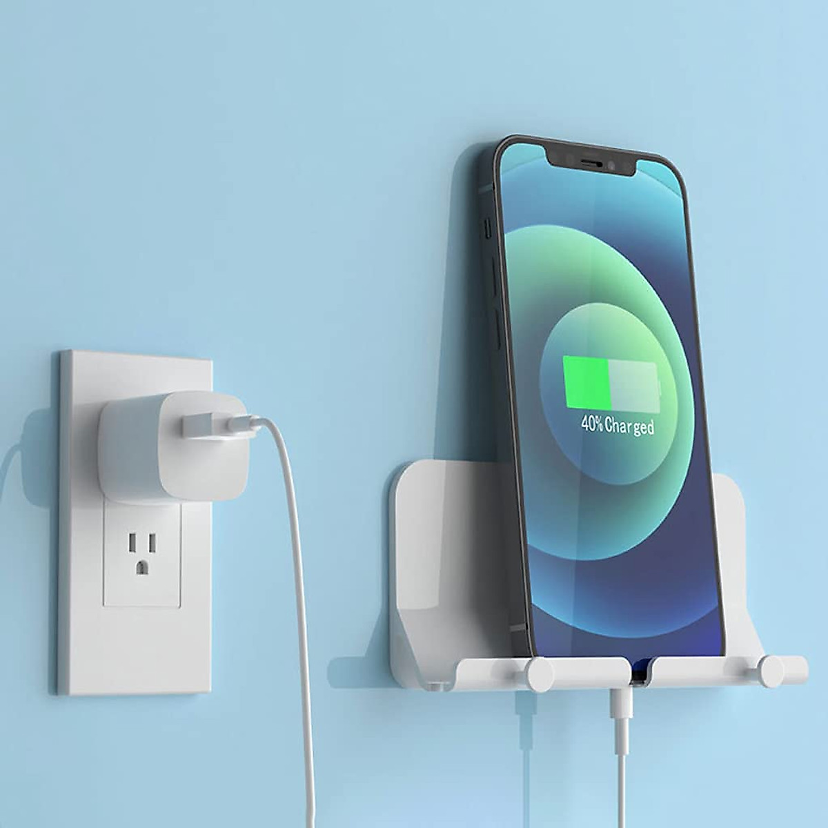lanema Wall Mount Phone Holder Stand with Charging Hole Self-Adhesive for Key Rack Shel Wall Mount Phone Holder Stand