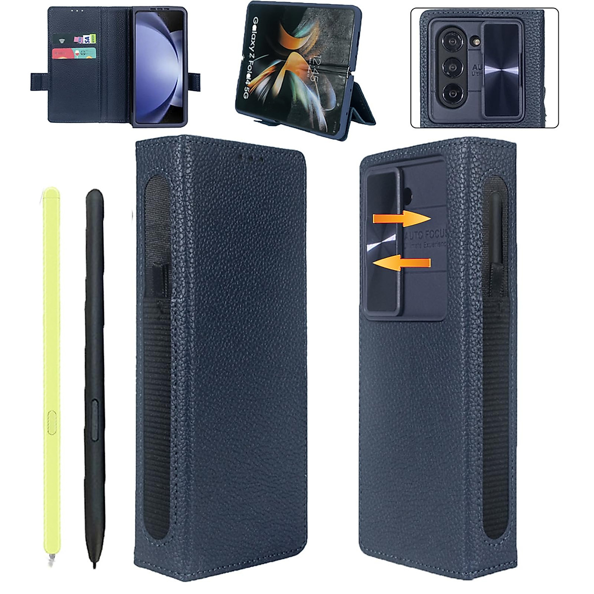 Woluki for Samsung Galaxy Z Fold 5 Case with S Pen Holder, Genuine Leather Wallet Case Built-in Slide Camera Cover, Hinge Protection, Kickstand, Stylus Slot Phone Case for Galaxy Z Fold5 5g (Blue)