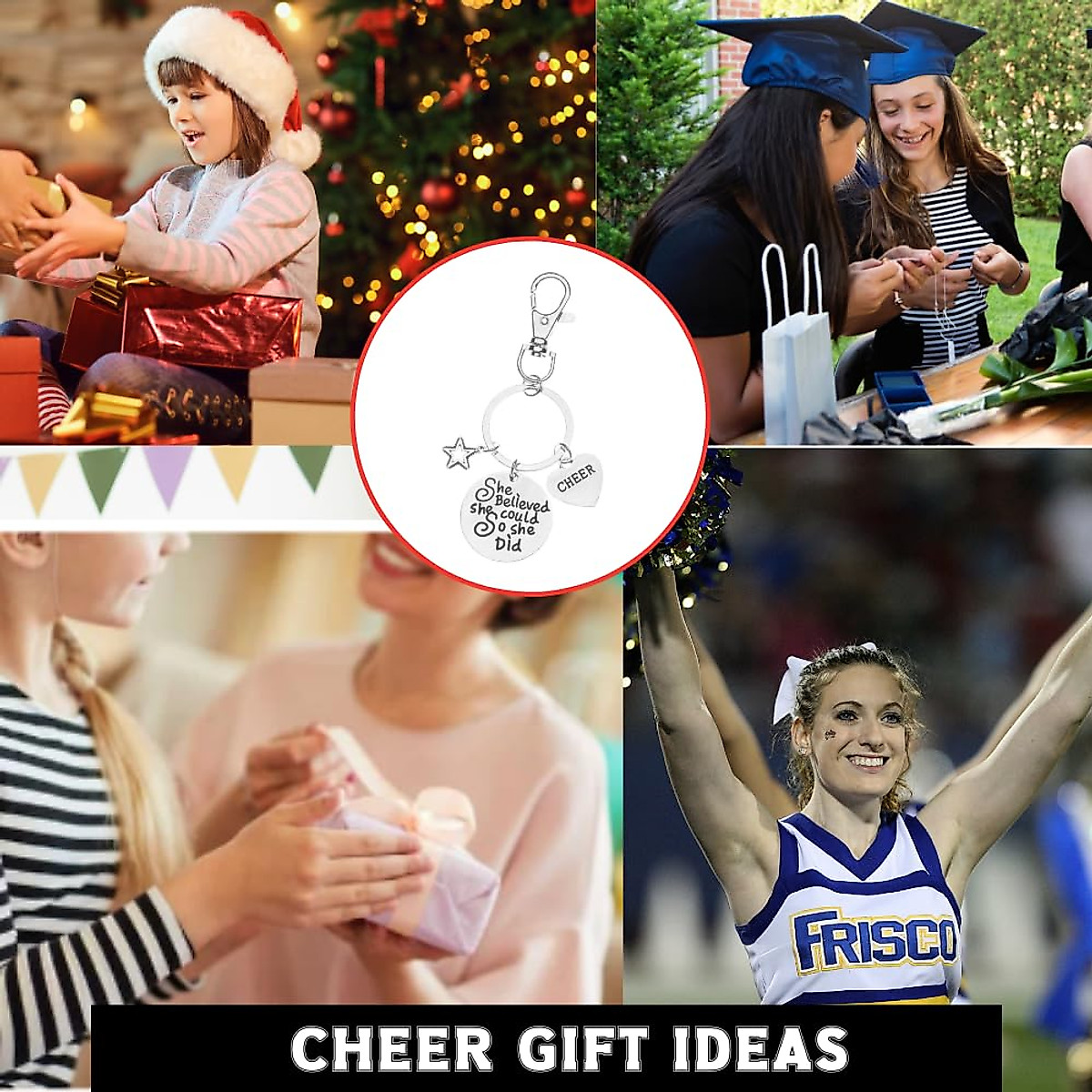 Sportybella Cheer Keychain, She Believed She Could So She Did Cheerleading Backpack Charm, Cheer Jewelry Gift for Cheerleaders and Cheer Teams