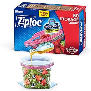 Ziploc Quart Food Storage Bags, Stay Open Design with Stand-Up Bottom, Easy to Fill, 80 Count