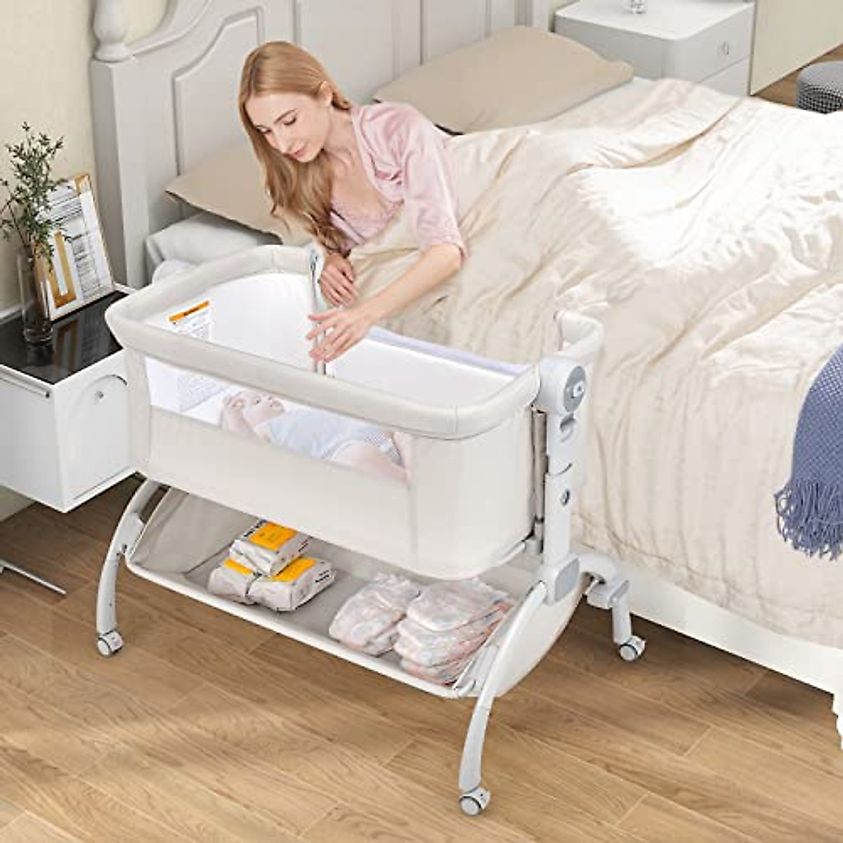 BABY JOY Baby Bassinet, 3-in-1 Rocking Bassinet w/Storage Basket, Double-Lock Design, 7 Adjustable Heights, Soft Mattress & Portable Travel Bag, Bassinet Bedside Sleeper for Newborns Infants (Beige)