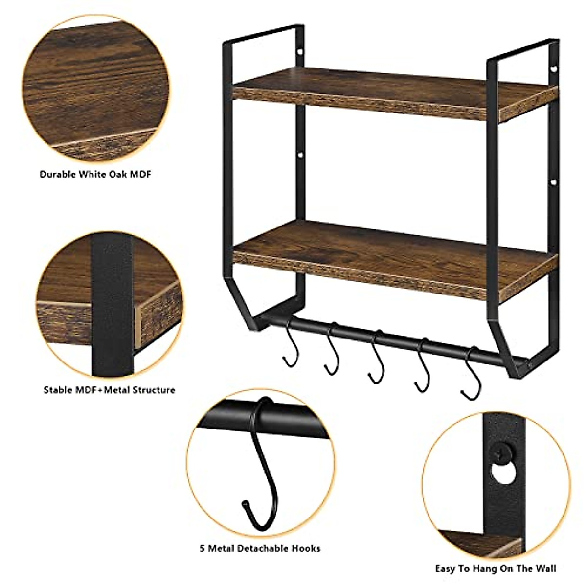 ETELI Bathroom Wall Shelf 2 Tier Towel Rack with Shelf Wall Mount Wood Storage Rack with Towel Bar, Brown