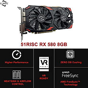 51RISC Radeon RX 580 8GB Graphics Card, GDDR5 256bit 2048SP VR Ready DisplayPort HDMI DVI-D Video Card for Gaming (RX 580 8GB)
