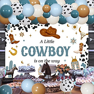 Cowboy Baby Shower Decorations for Boy, Western Rodeo Theme Retro Blue Balloon Garland Arch Kit, A Little Cowboy Is On the Way Backdrop Pregnancy Celebration Party Supplies