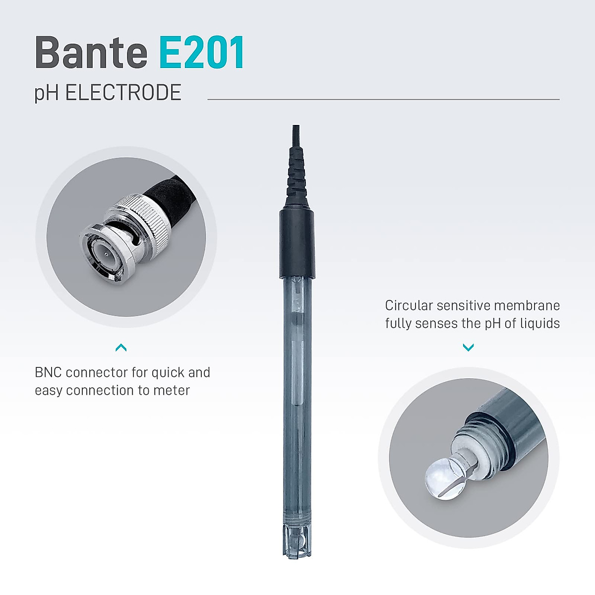 Bante E201 Combination pH Electrode | pH Probe | 0 to 14 pH Range, BNC Connector, 3.3 ft. Cable, Detachable Protective Shield