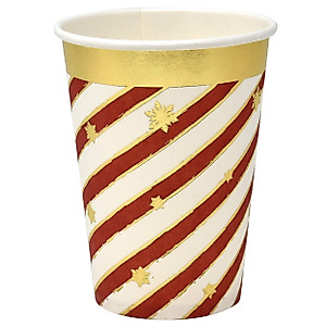 Gift Boutique 50 Disposable Christmas Cups 9 oz. Paper in Elegant Candy Cane Striped Design with Gold Foil Outline and Scattered Snowflakes for Holiday Party Supplies