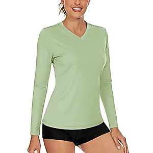 Boladeci Womens Swim Shirt Long Sleeve UPF 50+ Sun Protection Clothing V Neck SPF Shirts Quick Dry UV Tee Summer Tops T-Shirts Rash Guard for Women Light Green