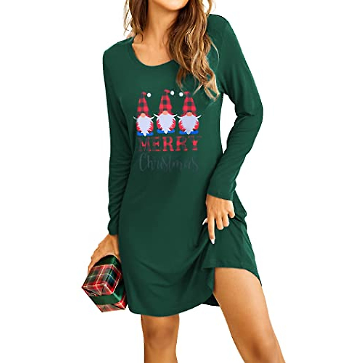 HOTOUCH Women Nightgown Long Sleeve Cute Print Sleepshirts Soft Knee Length Pajama Sleepwear