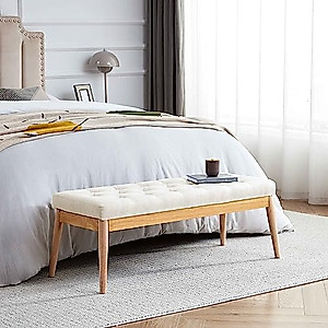 Tbfit Extra-Long Upholstered Tufted Bed Bench Seat for Bedroom, Entryway Wood Bench with Sturdy Wooden Legs, Buttoned Vanity Rectangle Dining Bench(Beige)