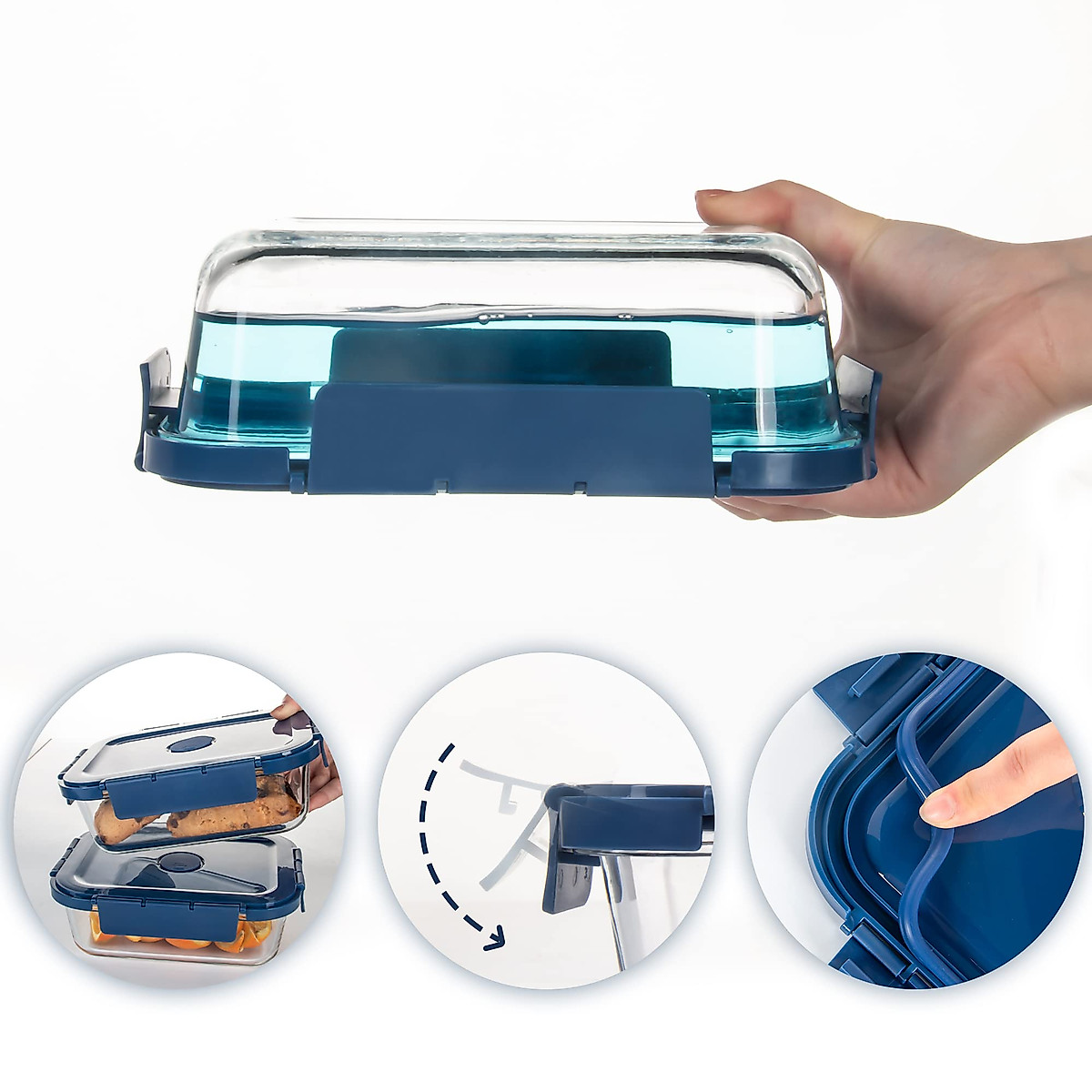 HAKEEMI Glass Food Storage Containers 10 Pack, Glass Meal Prep Containers with Snap Locking Lids Airtight Built in Air Vents, Glass Lunch Containers, Microwave/Dishwasher Safe, Navy Blue