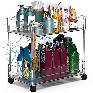Under Sink Organizer, 2 Tier Thicken Bathroom Under Sink Organizers and Storage with Wheel Hook, Strong Bath Kitchen Home Countertop Cabinet Standing Rack, Narrow Space Collection Basket, Clear Shelf