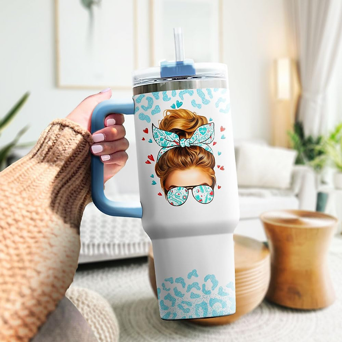 99OWL Nurse Coffee Messy Bun, Tumbler 40 Oz With Handle Lid And Straw, Tumblers Nurses Women Cups Student For Funny White Navy Blue Leopard Travel Nursing Er School, Nurse Gifts