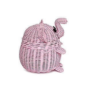 G6 COLLECTION Elephant Rattan Storage Basket With Lid Decorative Bin Home Decor Hand Woven Shelf Organizer Cute Handmade Handcrafted Nursery Gift Animal Decoration Wicker Elephant (Small, Pink)