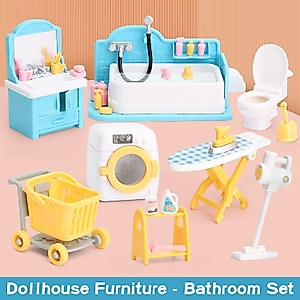 Dollhouse Furniture Set for Kids Toys Miniature Doll House Accessories Pretend Play Toys for Boys Girls & Toddlers Age 3+ with Bathroom