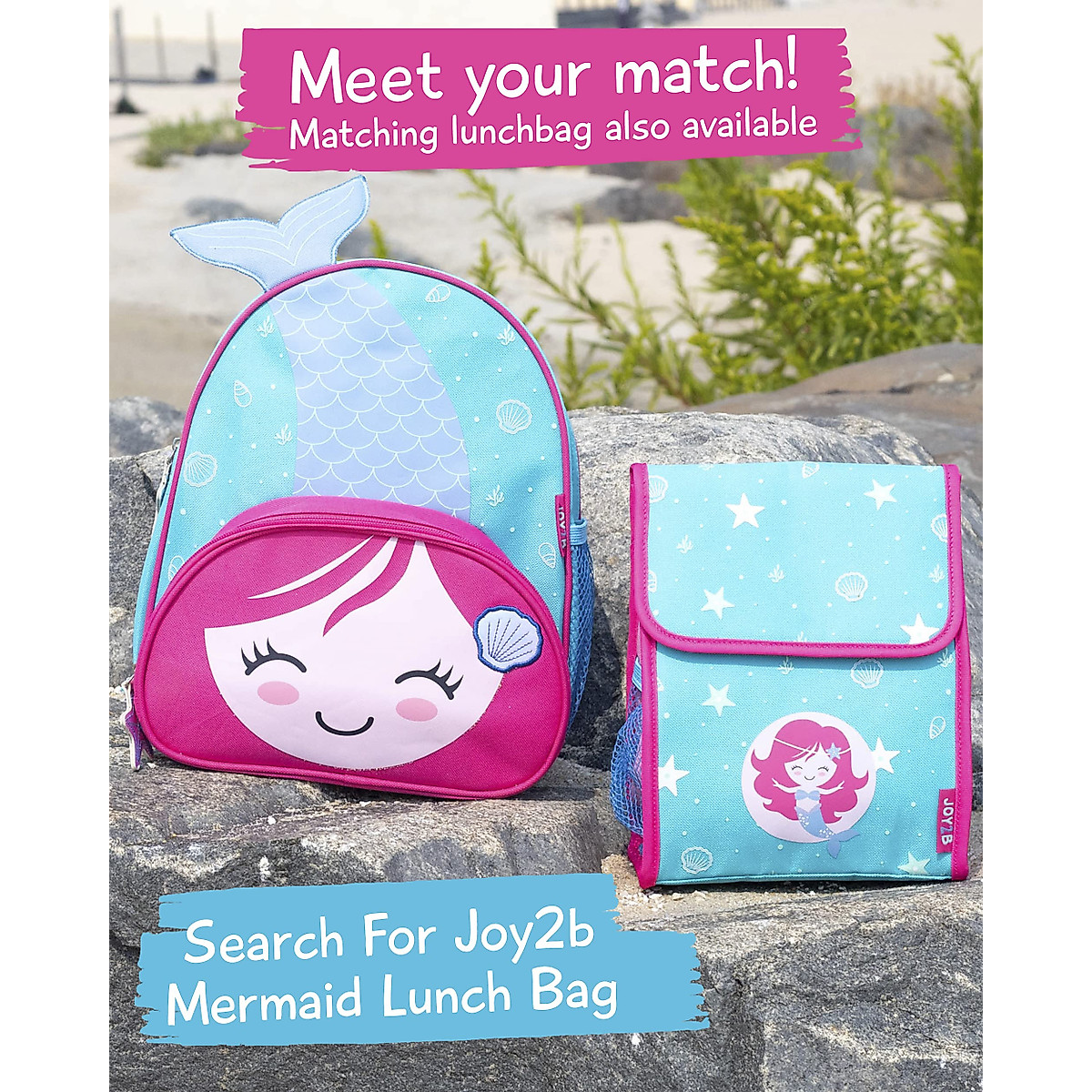 JOY2B Toddler Backpack for Girls and Boys - Mermaid Backpack for Girls and Boys - Kids Backpack for School Camp Travel - Preschool Backpack with Water Bottle Holder - Majestic Mermaid