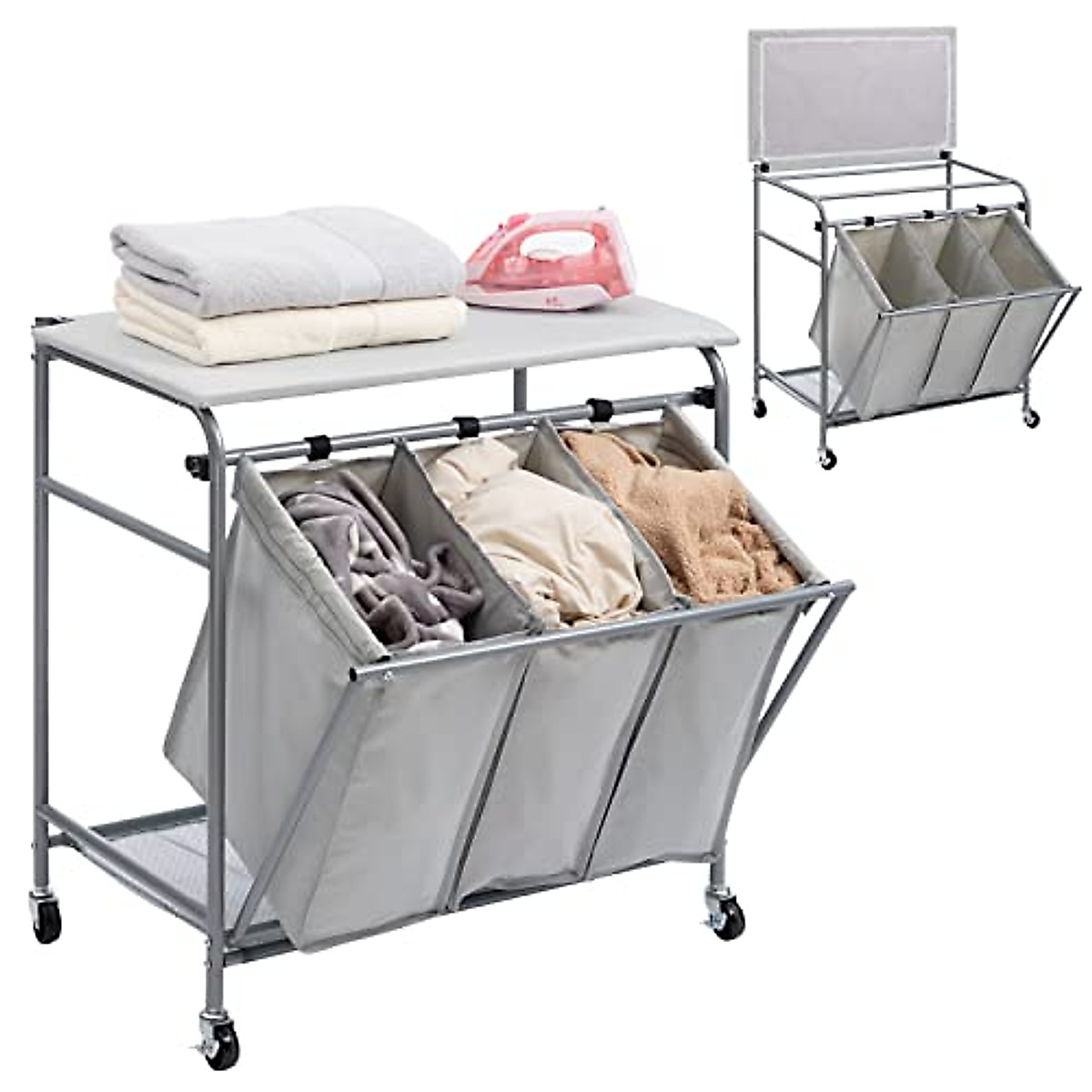 ALIMORDEN Laundry Sorter Cart Heavy Duty 3 Bags Classic Rolling Side pull Laundry Hamper Sorter with Ironing Board and 4 Wheels Grey