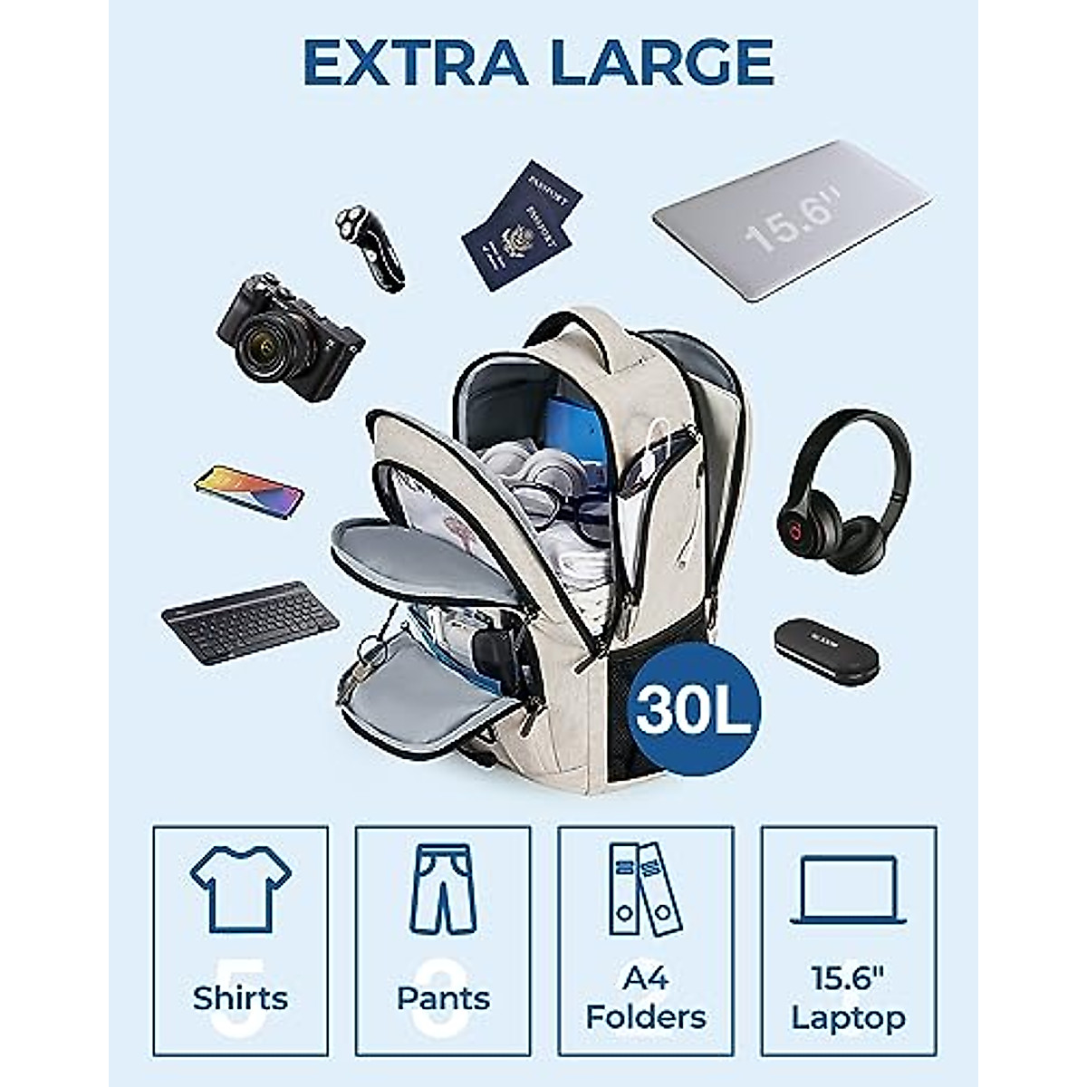 BAGSMART Travel Laptop Backpack, 15.6 inch Anti Theft Laptop Backpack With USB Charger Hole, Water Resistant College bookbag for Women Men, Casual Daily Backpack for travel, Beige