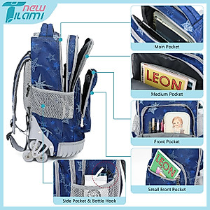 NEW TILAMI Rolling Backpack for kids, Adjustable Laptop Backpack with Wheels for Girls to School Travel Camping Boys Rolling Backpack Meteorite Blue 18 Inch