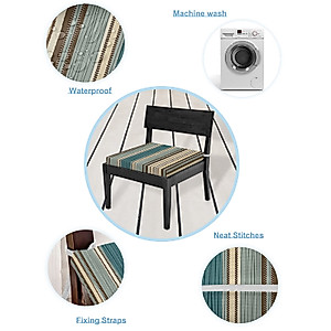 4 Pack Boho Teal Waterproof Cushion Covers with Ties, Southwestern Native Blue Green Striped Outdoor Patio Chair Seat Cushion Slip Covers Replacement Antique Pattern Tribal 20''x18''x4''