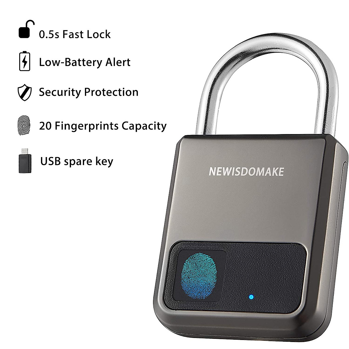 Fingerprint Padlock, Smart Padlock with USB Charging Support, Fingerprint Lock, Biometric Lock Suitable for Luggage, Bookcase, Suitcase, Backpack, Bike, School Locker, Gym Locker Lock(Gray)