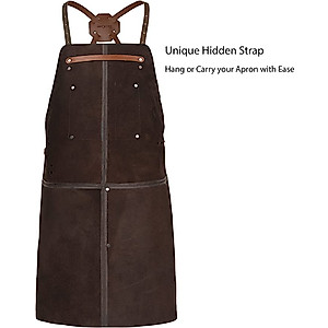 Theodore Top Grain Leather Apron - 32.5” H x 24.5” W with Adjustable Crossback Leather Straps. Our Leather Apron for Men has 2 Large Pockets and a Towel Strap. Grill Apron is Flame & Heat Resistant